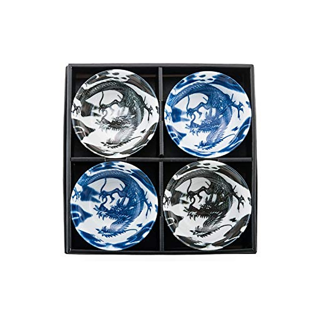 Authentic Japanese Porcelain Rice Bowl Set of 4 Oriental Dragon Blue and Black Gift Set Made In Japan (5"D x 2.75H)