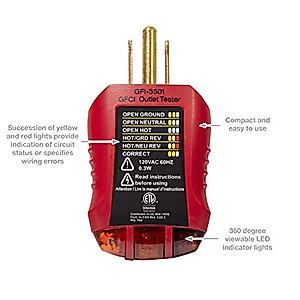 Gardner Bender GFI-3501 Ground Fault Receptacle Tester & Circuit Analyzer, 110-125V AC, for GFCI / Standard / Extension Cords & More, 7 Visual LED Tests , Red