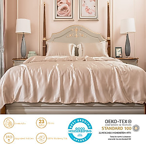 PROMEED 100% Mulberry Silk Duvet Cover Set 3PCS Queen Size, Real 23 Momme Grade 6A Silk Bedding Set with Duvet Cover and Pillowcases (Champagne, Queen)