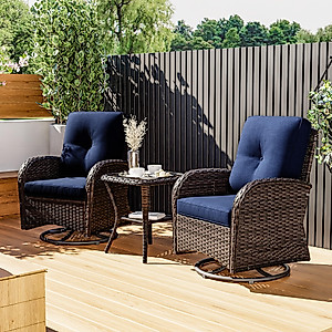 Joyside Patio Swivel Rocker Wicker Chairs - Outdoor Swivel Rocking Chairs Set of 2 with Wicker Side Table, Patio Swivel Rocker Chair 3 Piece Patio Furniture Sets for Porch Deck(Brown/Blue)