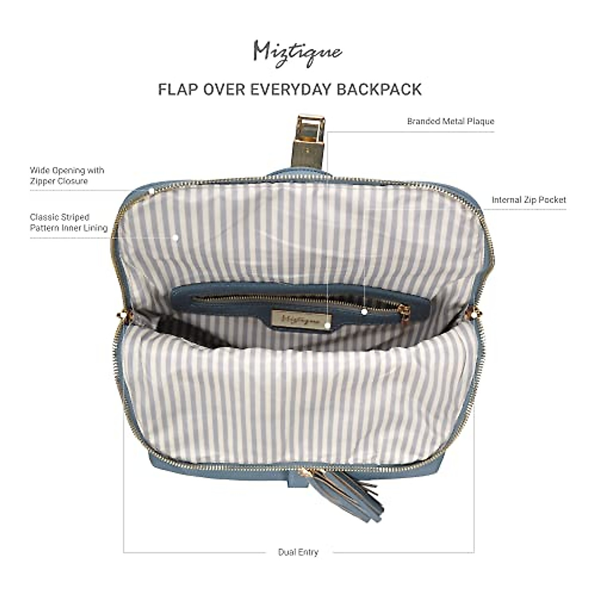 MMS Brands Miztique The Diana Backpack Purse for Women, Flap Over Tote Bag, Soft Vegan Leather - Blue