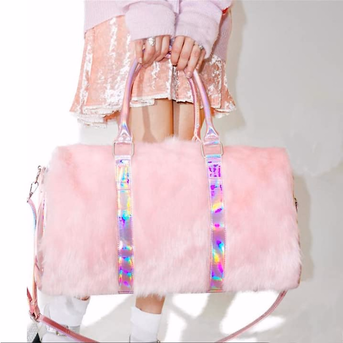 Risup Extra Large Laser Handbag Purse Fancy Duffel Bag 19in Faux Fur Bags for Travel and Overnight, Pink