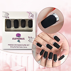 ELEVENAIL Matte Black Silver Metallic French Press on False Nails Medium Length Square Salon DIY Manicure Reusable Fake Acrylic Christmas Nail Art Tips with Jelly Adhesive Tabs Nail File