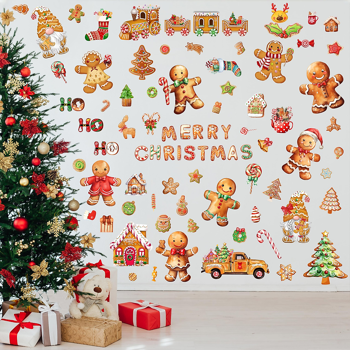 Christmas Gingerbread Wall Stickers Decoration 12 Sheets, Christmas Wall Decals Holiday Gingerbread Decor for Wall, Winter Candy Wall Vinyl Stickers for Living Room Bedroom Home Office Decor