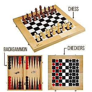 Leksak Games 16'' Wooden Chess Checkers Backgammon Set - 3 in 1 Board Games - Portable Travel Case Folding Board - Beginner Chess Set for Kids and Adults - 30 Checkers Pieces