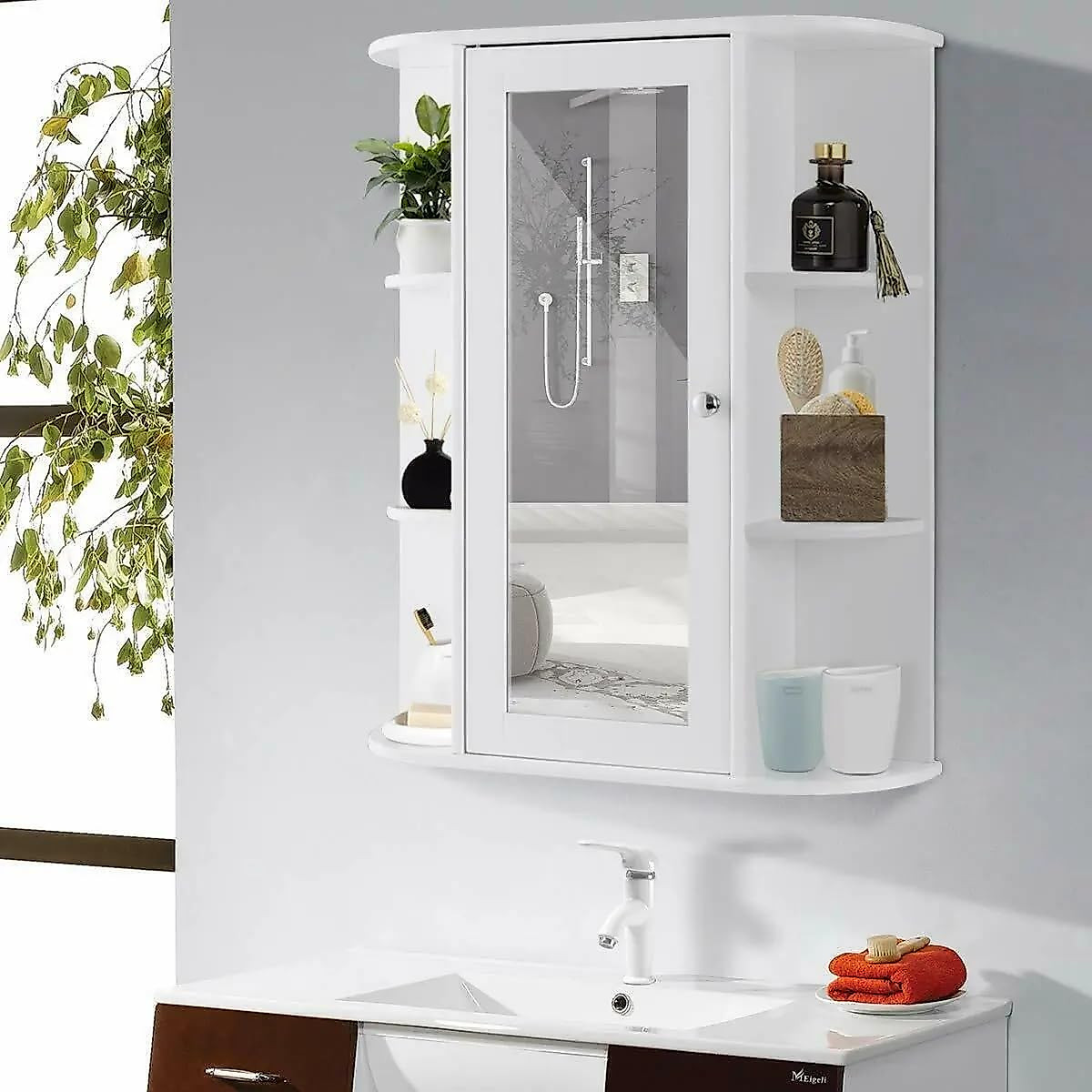 3 Tier Outside Bathroom Wall Mirror Cabinet, 6 Open Shelves Toilet Cabinet Multipurpose Storage Organizer ，White