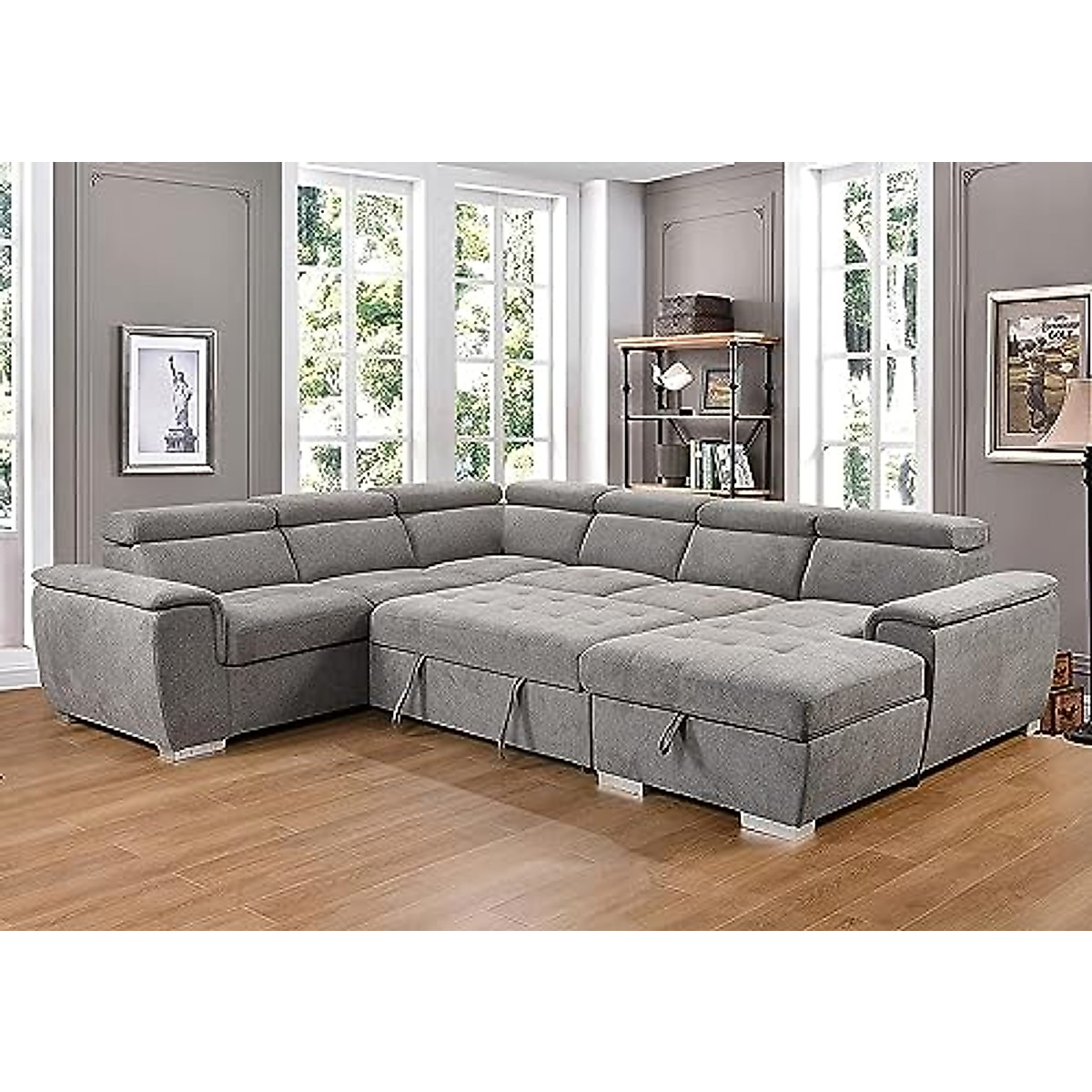 125"w U-Shaped Oversized Modular Sectional Sofa with Pull Out Sleeper Bed Adjustable Headrest and Right Storage Chaise Lounge,Convertible Upholstered Tufted Cushion 7-Seat Sofá&Couch for Large Space