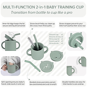 Chicrinum 2-in-1 Silicone Sippy Cup with Straw & Snack Cup Lid, Food-Grade Silicone Baby Straw Cup, Spill Proof Toddler Straw Cup for 6 Month+, Dishwasher Safe