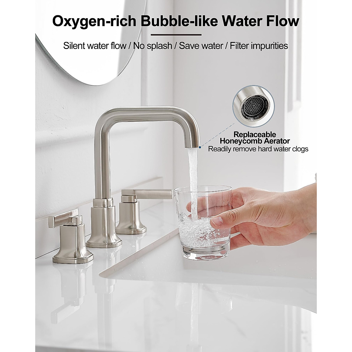 HOIGY 8 Inch Widespread Bathroom Faucet Brushed Nickel Bathroom Sink Faucet 3 Hole, 360 Degree Swivel Bathroom Faucets for Sink, 2 Handles Bath Faucet with Pop-Up Drain, 5 Mins Easy Installation