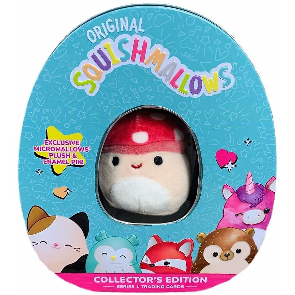 Squishmallows Official Kellytoy Collectors Tin Set with Micromallow Exclusive Pin and Trading Cads Choose Your Favorite or Collect Them All (Malcom The Mushroom)