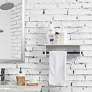 MyGift Wall Mounted Vintage White Wood Bathroom Display Shelf with Black Metal Industrial Pipe Towel Bar, Kitchen Paper Towel Holder
