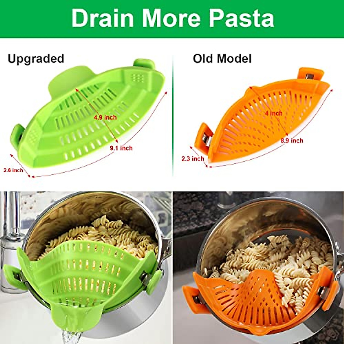 Upgraded Clip on Pot Strainer Silicone Colander Hands-free Drainer Kitchen Gadgets, Heat Resistant for Pasta Spaghetti Meat Grease Fits Pots Pans Bowls, Green
