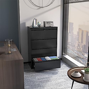 METAN Lateral 4 Drawer File Cabinet, Locking Metal File Cabinet for Home Office, Steel Lateral File Cabinet for Letter Legal Size, Assembly Required, Black