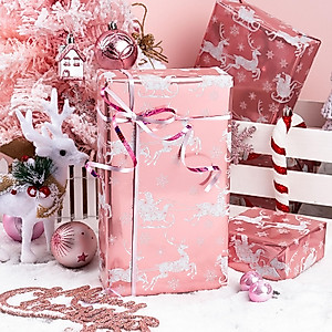Homeral Pink Christmas Wrapping Paper Roll-46.8 sq.ft. (17in x 33ft) Pink Santa, Sleigh, Reindeer, Snowflake with Metallic Shine for Christmas, New Year Celebration, Party