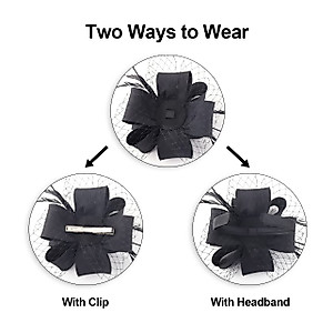 Myjoyday Women's Fascinators Hat for Tea Party Church Cocktail, Feathers Veil Headband with Hair Clip (Black)