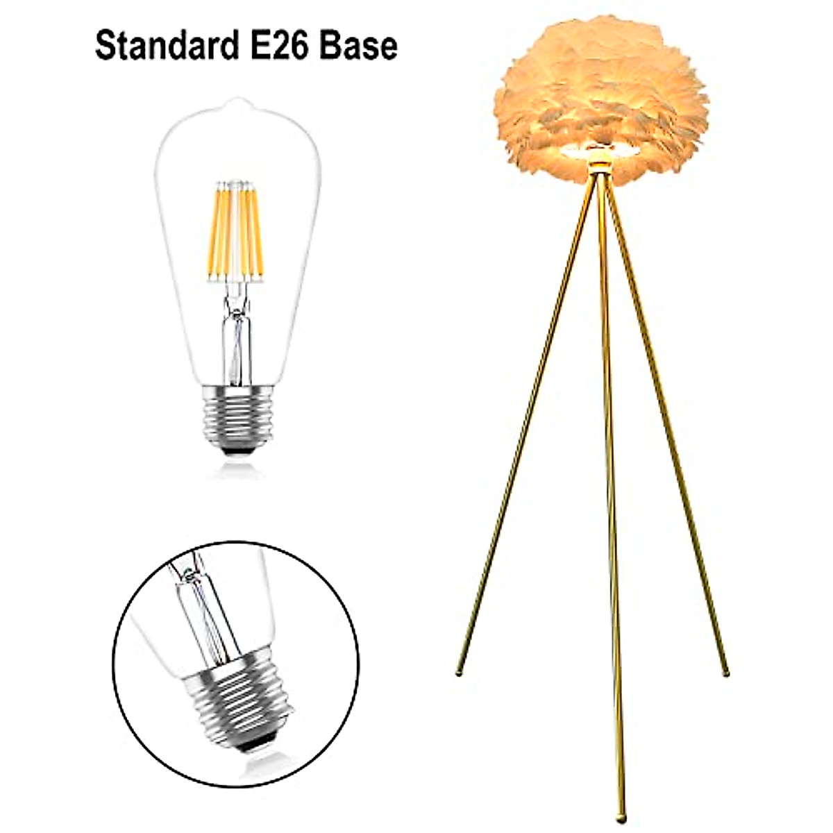 LEGELITE Feather Floor Lamp, Tripod Floor Lamp, Metal Light Body Nightstand Lamp with Feather Lampshade for Bedrooms/Living Room/Dining Room/Kitchen