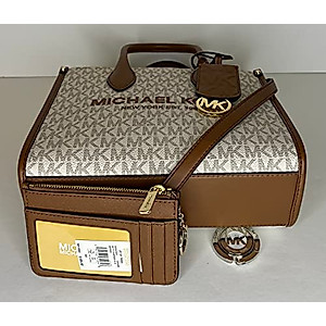 Michael Kors Mirella Small Shopper Top Zip Bag bundled SM TZ Coinpouch Purse Hook (Vanilla/Luggage)