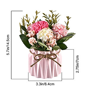 Sunm Boutique Artificial Hydrangea Bouquet with Small Ceramic Vase, Artificial Hydrangea Flower Potted Fake Variety Silk Flower Bonsai for Table Party Office Wedding Home Decor, Pink
