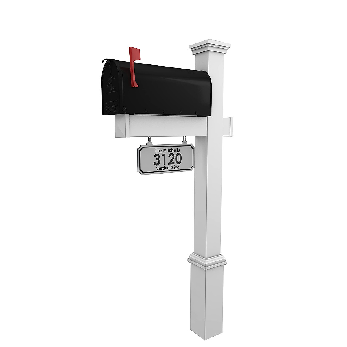 4Ever Products Vinyl Mailbox Post System - Includes Black Steel Mailbox and Custom Address Plate (White)