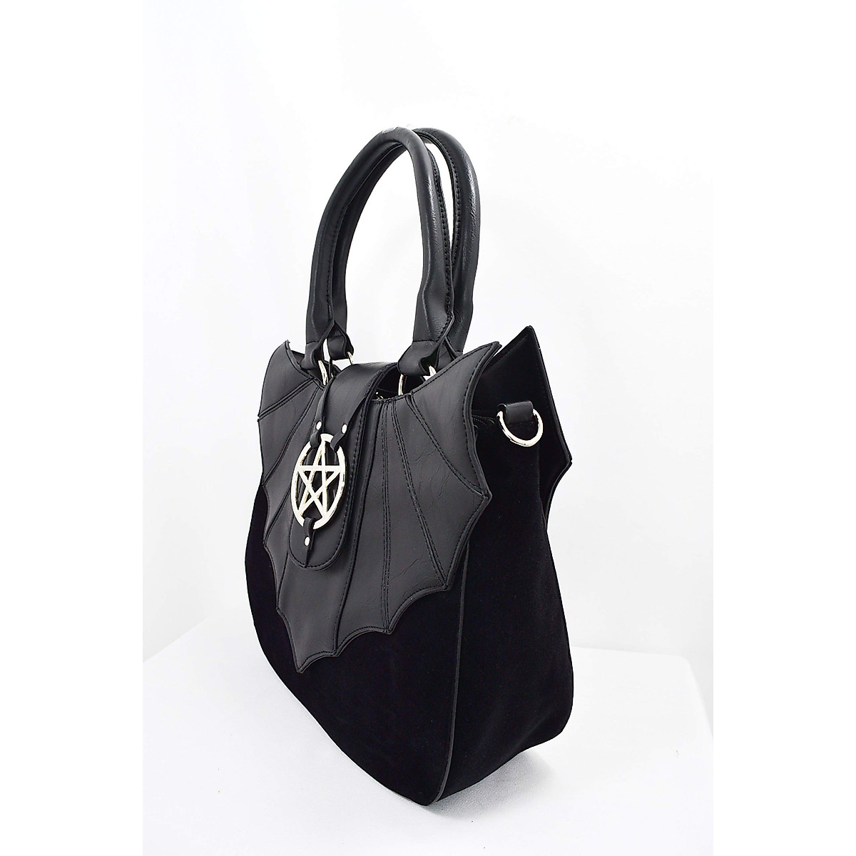 Restyle Night Creature Bat wings & Pentagram Black Velvet Gothic Handbag