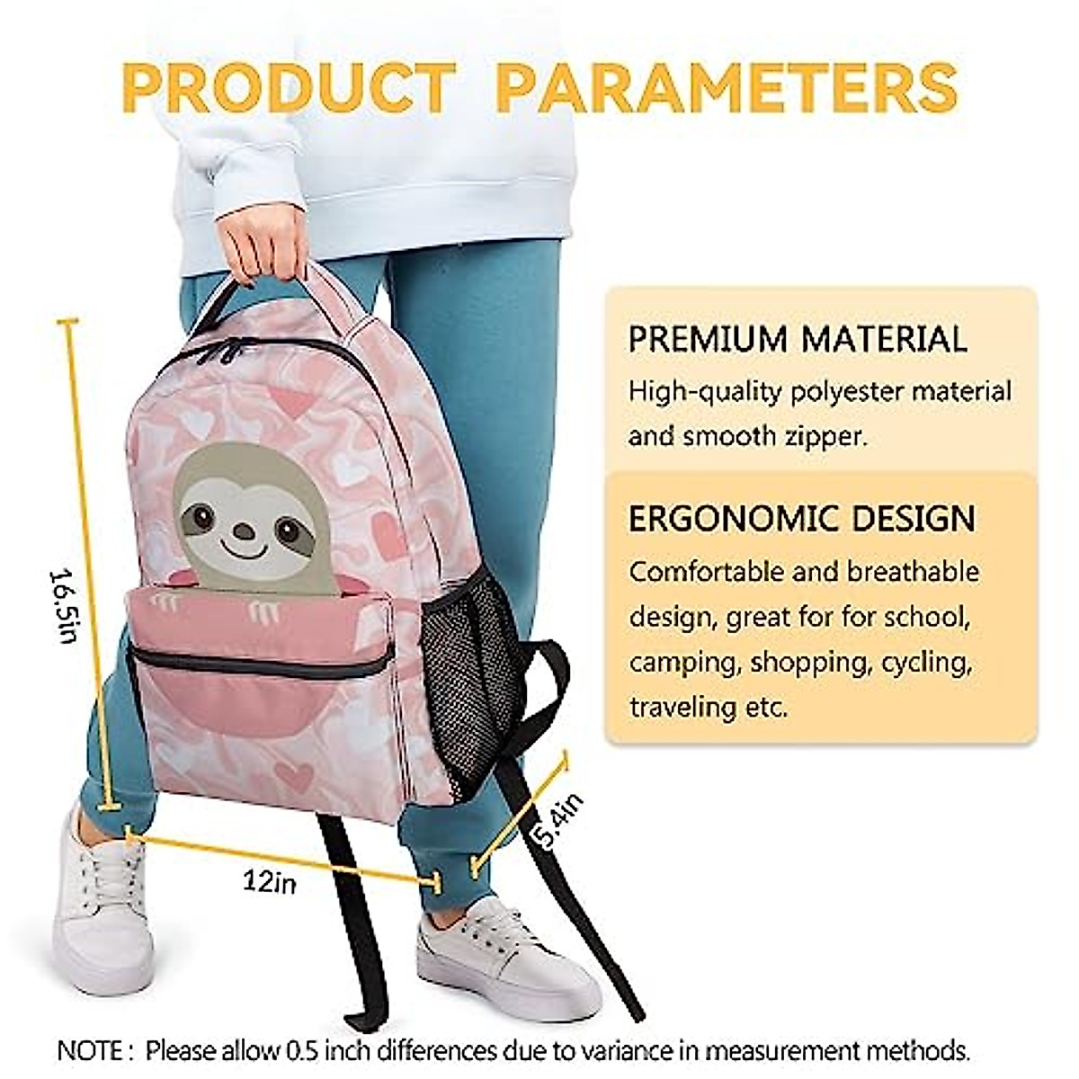 CUSPCOD Sloth Backpack for Girls Boys, 16 Inch Pink Backpacks for School, Cute, Adjustable Straps, Durable, Lightweight, Large Capacity Bookbag for Kids