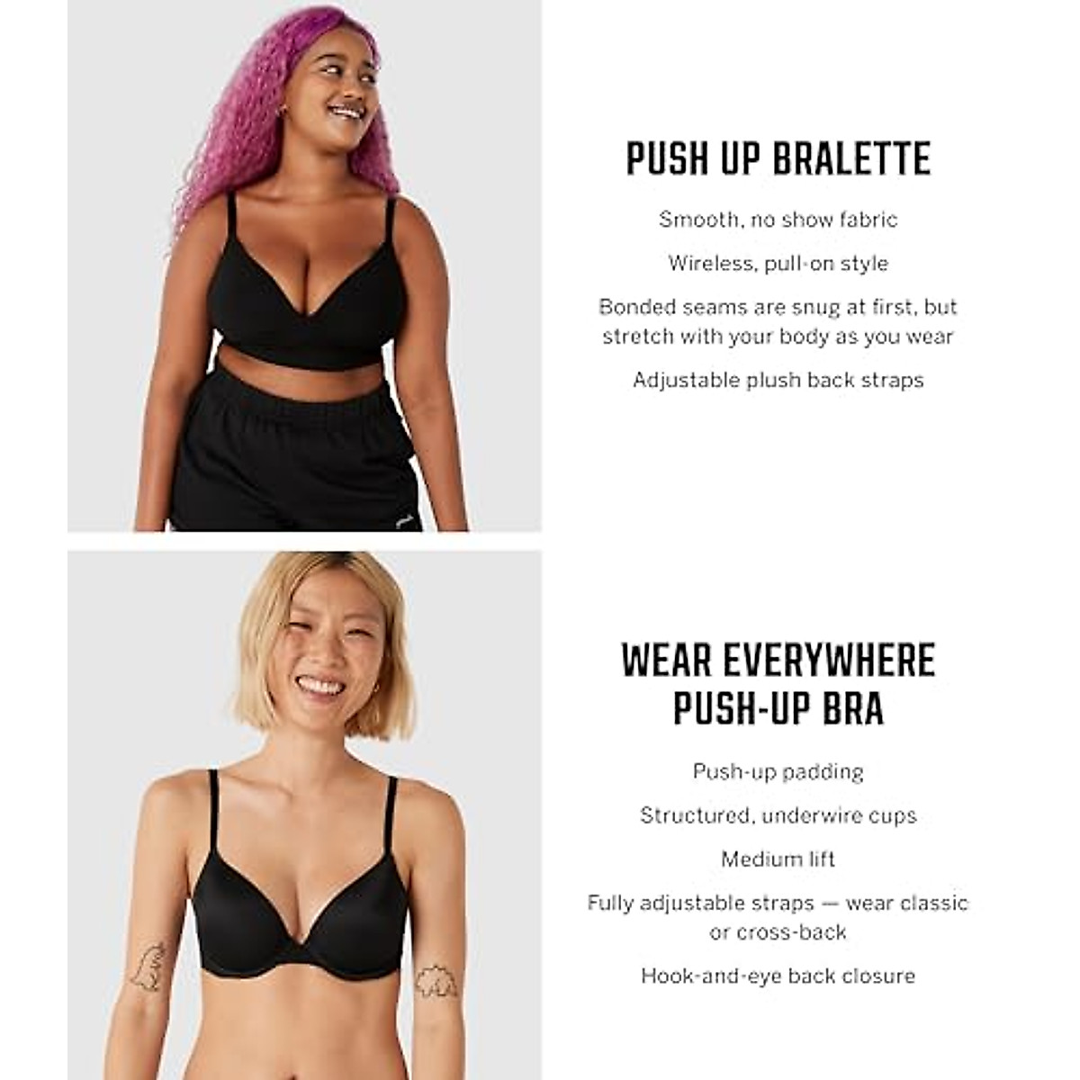 Victoria's Secret Pink Loungin Wireless Push Up Bra, Padded, Cropped, T Shirt Bras for Women, Black (XL)