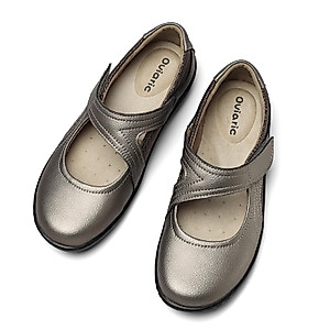 Oviaric Women's Classic Comfort Pewter Mary Jane Flats Fashion Casual Dress Shoes Cute Closed Toe Slip On Lightweight Breathable Walking Shoes 10 M US 1904-GUT100