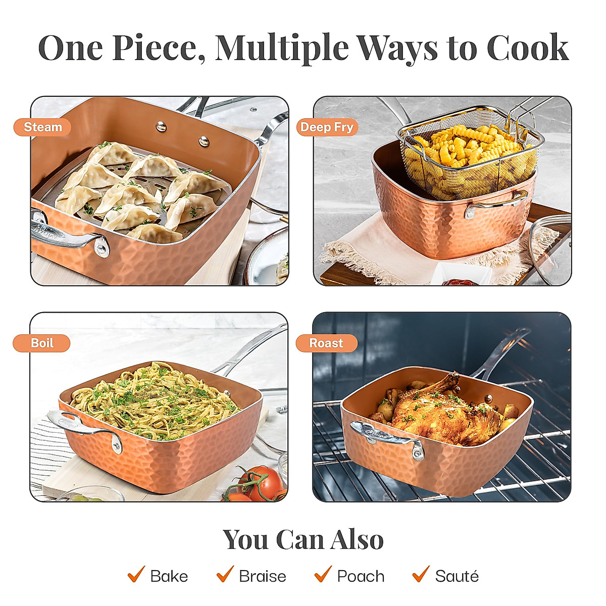 GOTHAM STEEL Nonstick Square Deep Frying Pan, 9.5” Large Cooking Pan with Ceramic Nonstick Coating, Deep Fryer Pot with Basket, 4 Pc Titanium Ceramic with Lid, Basket & Steamer Tray, Dishwasher Safe