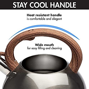 Primula Avalon Whistling Stovetop Tea Kettle, Food Grade Stainless Steel Wide Mouth, Fast to Boil, Cool Touch Handle, 2.5-Quart, Gunmetal Grey and Wood-Look