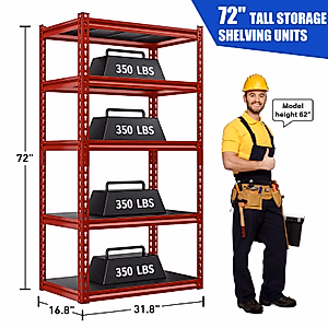 REIBII 72"H Garage Shelving Heavy Duty Storage Shelves Adjustable Garage Storage Shelves 1750LBS 5 Tier Metal Shelving Unit for Storage Shelving Storage Rack 72"H x 16.8"D x 31.8"W Red Black 2 Pack
