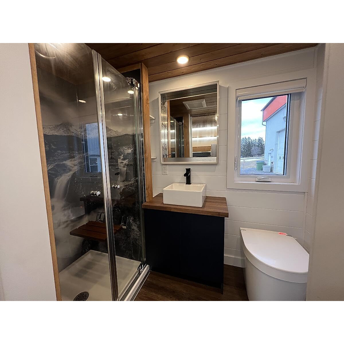 Tiny RV Mobile House with Downstairs Bedroom, Loft, Full Kitchen & Bathroom - Family-Friendly Design with Upraised Living Area, Cedar/Steel Exterior, Double-Pitched Roof - Perfect for Full-Time Living