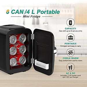 CROWNFUL Mini Fridge, 4 Liter/6 Can Portable Cooler and Warmer Personal Fridge for Skin Care, Cosmetics, Food,Great for Bedroom, Office, Car, Dorm, ETL Listed (Black)