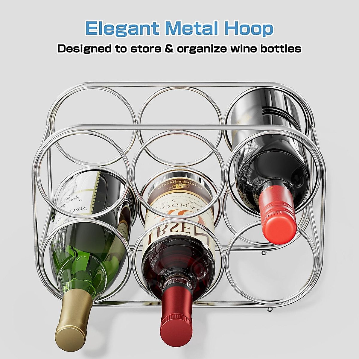 Buruis 6 Bottle Countertop Wine Rack - Freestanding Modern Metal Small Wine Rack - Tabletop Wine Holder Stand for Cabinet, Pantry, and Kitchen Decor - No Assembly Required - Silver