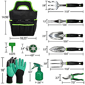 Tenozek Gardening Tool Set 11 PCS Heavy Duty Aluminum Garden Supplies Kit Gardening Gifts Basket for Women Men Gardener Beginners Garden Hand Implements with Non-Slip Rubber Handle Storage Tote Bag