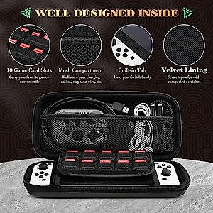 MoKo Carrying Case for Nintendo Switch OLED/Nintendo Switch, Hard Shell Travel Carry Case w/10 Games Slots, Zelda Switch Case for Zelda Tears of the Kingdom & Nintendo Switch Accessories, Black Golden
