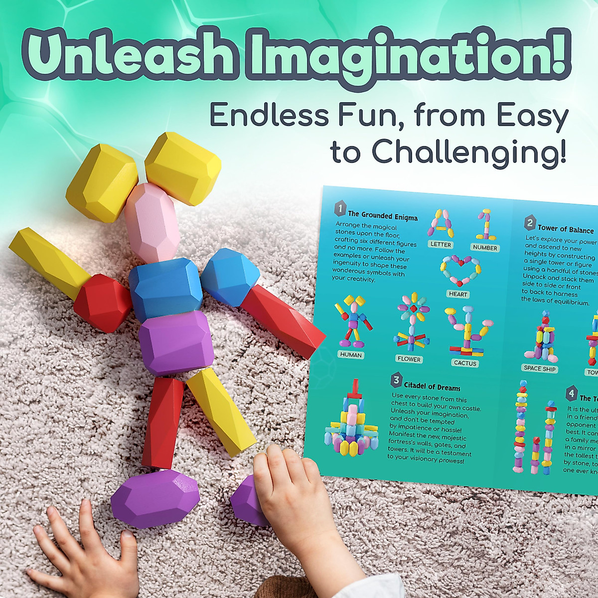 EVERSMART 36 Pcs Wooden Stacking Blocks – Montessori Toys for 1 2 3 4 5 6 Year Old Toddlers and Kids, XXL Rocks, No Choking Hazard – Sensory STEM Building Stones, Girl or Boy Birthday Gifts