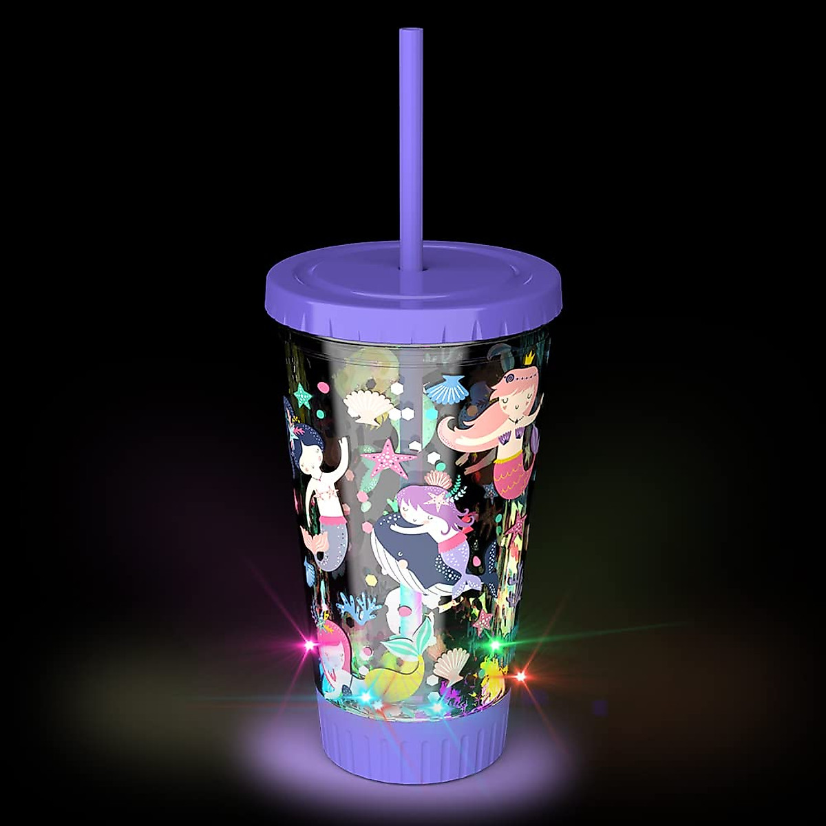 GILANO 18oz Kids Tumbler Water Drinking Bottle with LED Light Up - BPA Free, Straw Lid Cup, Reusable, Lightweight, Spill-Proof Water Bottle with Cute Design for Girls & Boys (Mermaid)