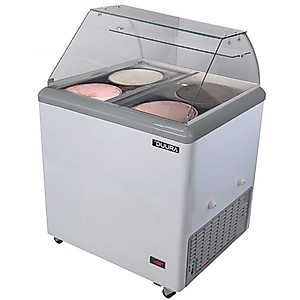 Duura 4 Flavor Commercial Ice Cream Dipping Cabinet and Gelato Deep Freezer Case Glass Top 7.5 Cubic Feet of Storage Space Holds 4 Tubs Stores 2 More with Tub Holders and Skirts, 31.5 Inch Wide, White