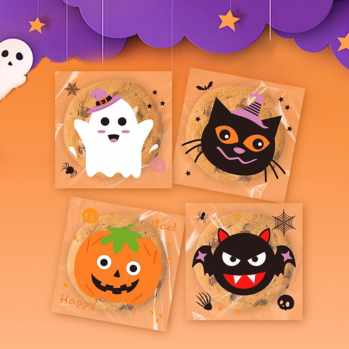 CMJSGG 400 Pcs Halloween Clear Treat Bags Self Adhesive Cookie Bags Trick or Treat Candy Bags Cellophane Bags for Halloween Cookie, Gift, Candy, Snacks Packaging (4 Cute Cartoon Patterns)
