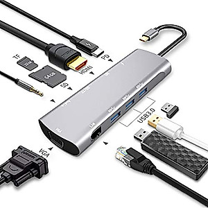XUNMAIFHB Portable Docking Station,Multi-Function hub 10-in-1 Docking Station PD Charging HDMI, SD/TF Card Slot, 3.5mm Audio Port, VGA, Gigabit Ethernet Port, USB3.03 Fast Transmission