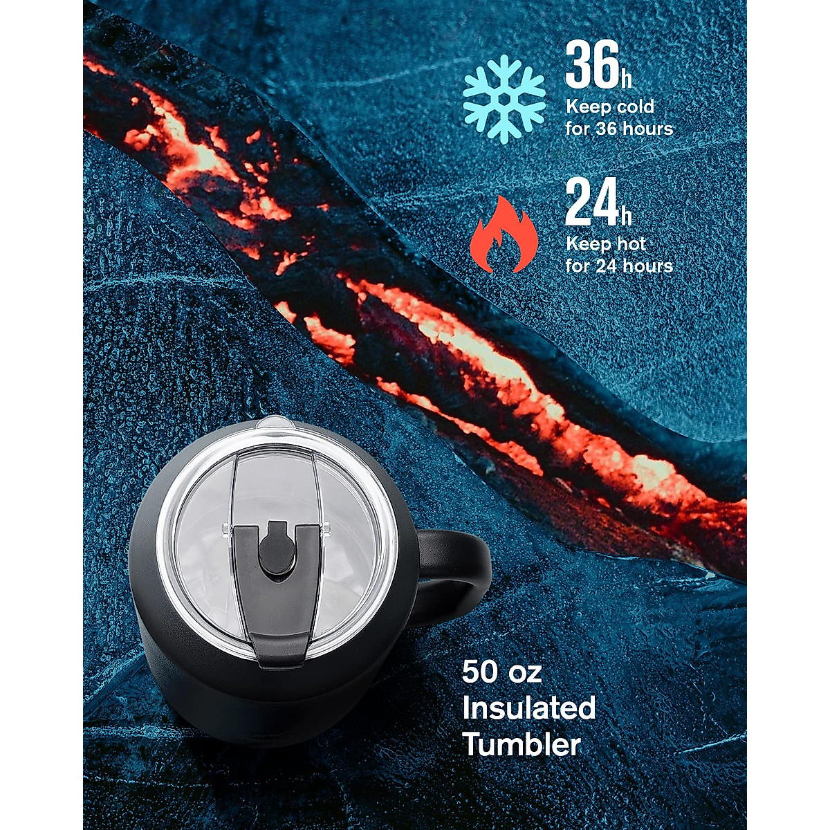 Coolplus 50 oz Mug Tumbler with Handle and Straw, Large Stainless Steel Travel Insulated Water Cup with 2-in-1 Lid, Double Wall Metal Keep Cold 36 hrs, Sweet Proof BPA-Free, Midnight Black