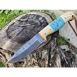 Perkin Damascus Hunting Knife With Sheath Fixed Blade Knife Bushcraft Knife Full Tang - T100