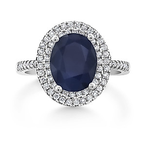 Gem Stone King 925 Sterling Silver Oval Blue Sapphire and White Moissanite Halo Engagement Ring For Women (2.63 Cttw, Gemstone Birthstone, Available In Size 5, 6, 7, 8, 9)