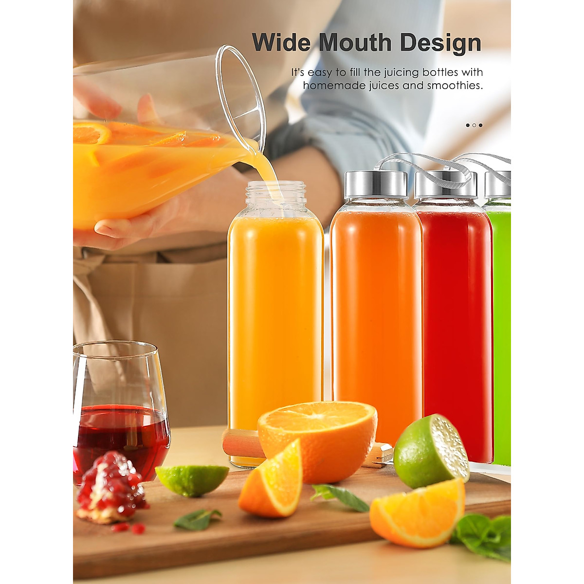 QCen 18oz Clear Glass Bottle for Juicing, Reusable Glass Water Bottles for Juicer Machine, with Stainless Steel Leak-Proof Lids, Wide Mouth Liquid Storage Containers, BPA Free, Set of 6