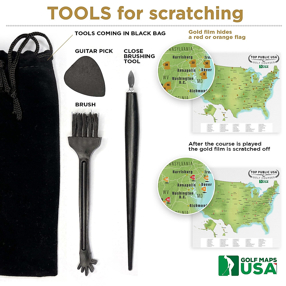 Golf Maps USA Top Public Golf Course in Each State Golf Scratch Map - Scratch-Off Golf Print with Eye-Catching Red Flags - Golfing Wall Decor - Unique Poster Gift for Golfers (Updated June 2023)