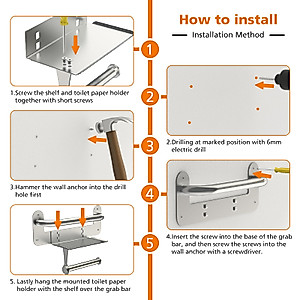 Grab Bars for Bathtubs and Showers with Toilet Paper Holder, Assistance Handle with Toilet Roll Holder and Shelf for Elderly Seniors, Waterproof Bathroom Handicap Safety Handrail for Wall Mount