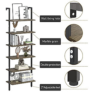 Wolawu Ladder Shelf Black 6 Tiers Modern Bookshelf Room Organizer Open Tall Wall Mount Bookcase Standing Leaning Wall Shelves Industrial Decorative Living Room Bed Room