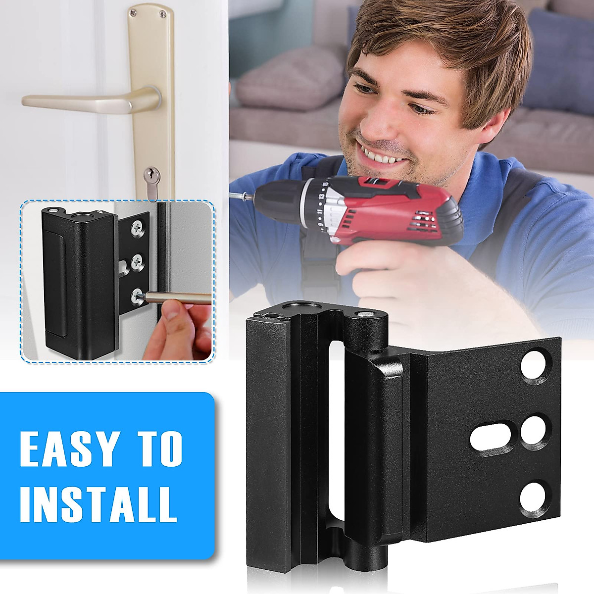 Steinwhale 3Pack Home Security Door Reinforcement Lock, Childproof Safety Door Lock Latch Inside Stopper, Add High Security to Prevent Home Unauthorized Entry, Aluminum Construction Finish Black