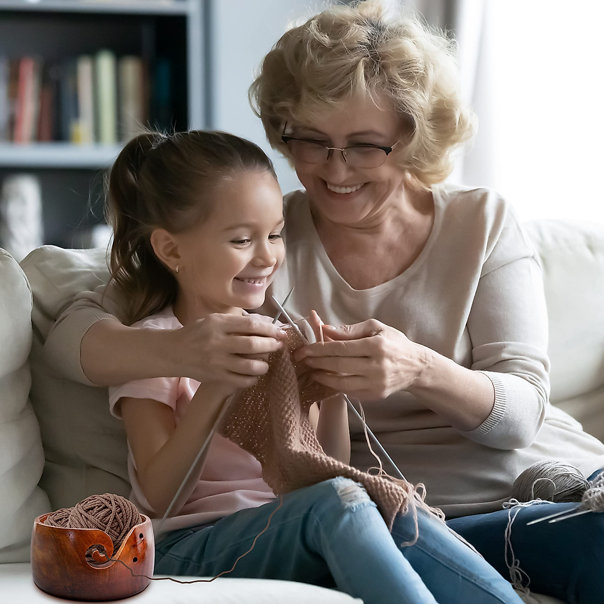 Eunoia Yarn Bowl with Round Lid, 7x5 Inch Handmade Yarn Holder for Crocheting, Decorative Knitting Bowl for Knitters with Wooden Crochet Hook and Travel Bag