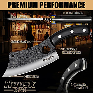 Huusk Knives Japan, Hand Forged Meat Cleaver Knife with Sheath, High Carbon Steel Kitchen Knife for Meat and Vegetables, Full Tang Butcher Knife for Camping, BBQ, Gift for Men Women